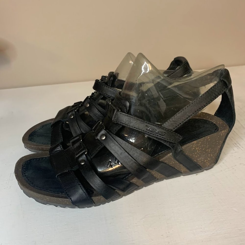 Teva Black Leather Gladiator Wedge Sandals Style 1008… - Gem
